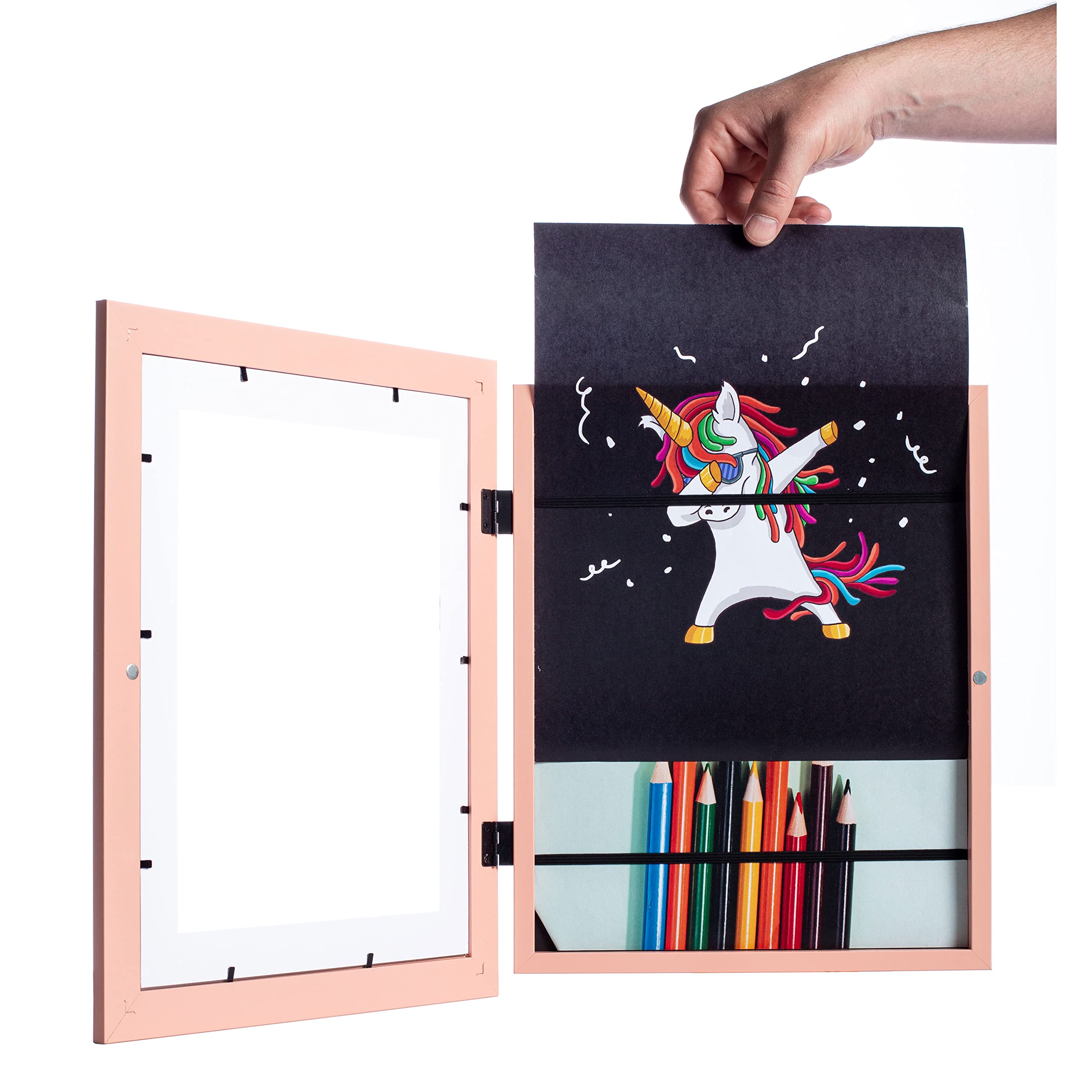 FrameWorks 10” x 12.5” Pink Wooden Kid Art Frame with Gallery Style Edges, Tempered Glass, and Elastic Straps 2-Pack