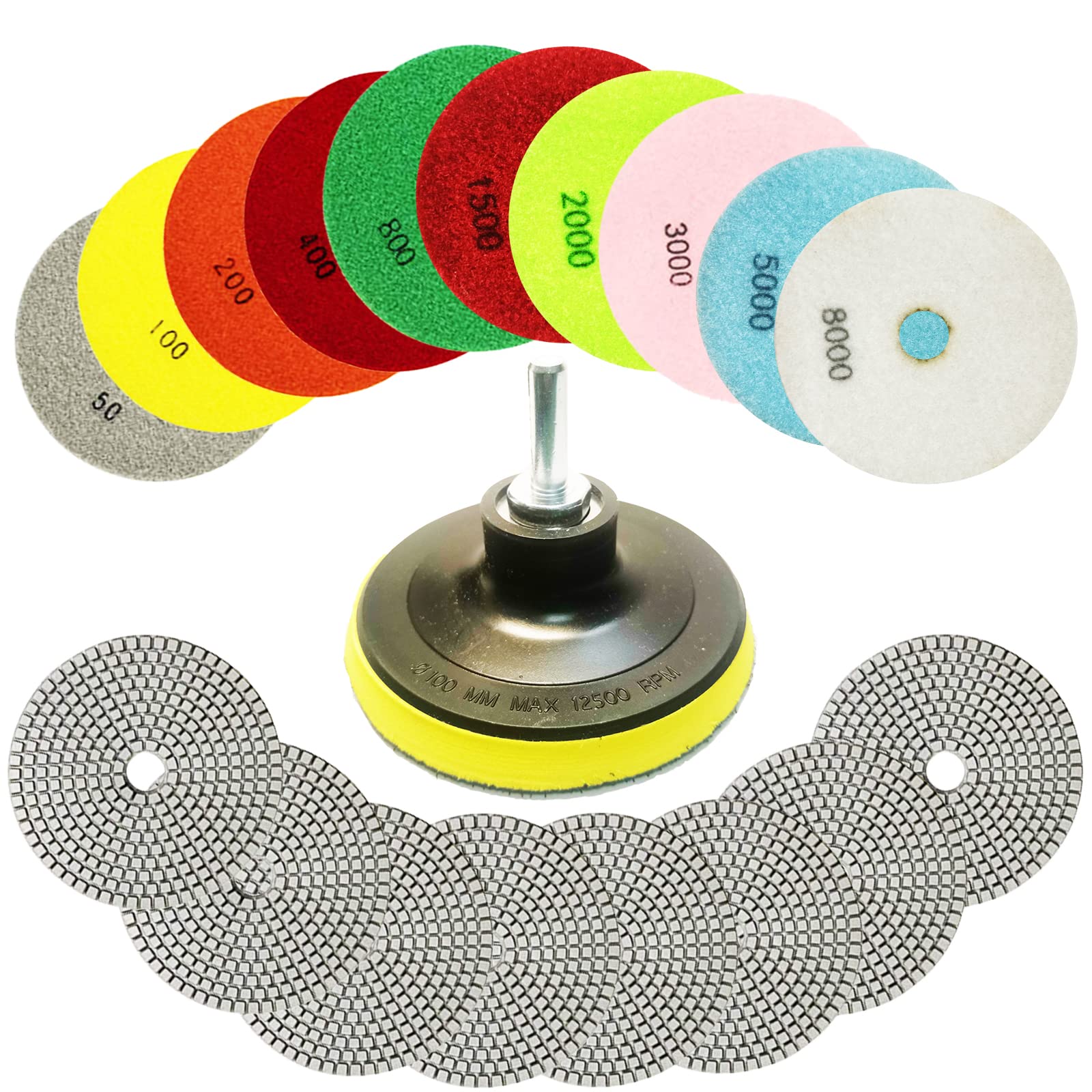 12 Pack 4 Inch Diamond Polishing Pads Kit for Wet Dry Polishing - 50-8000 Grit Pad with 5/8"-11 Backer Pad, Ideal for Granite Tile Concrete Marble Stone Polishing Countertop Quartz