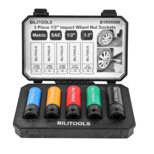 bilitools 1/2 inch drive impact lug nut socket set, metric 17-19 - 21 mm & sae 13/16-7/8 inch non-marring thin wall wheel nut socket