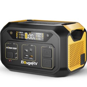 bougerv flash300 portable power station 286wh with 600w solar charging from 0-90% in 30 mins, 600w solar generator, 2x600w(peak 1200w) ac outlets, portable battery power supply for outdoor camping rv