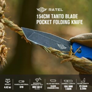 OKNIFE Ratel Folding Pocket Knife, EDC Knife with 154CM Stainless Steel 3.2" Tanto Blade and G10 Handle, Flipper Tab and Liner Lock, Carry Pocket Clip, for Outdoor, Camping, Survival