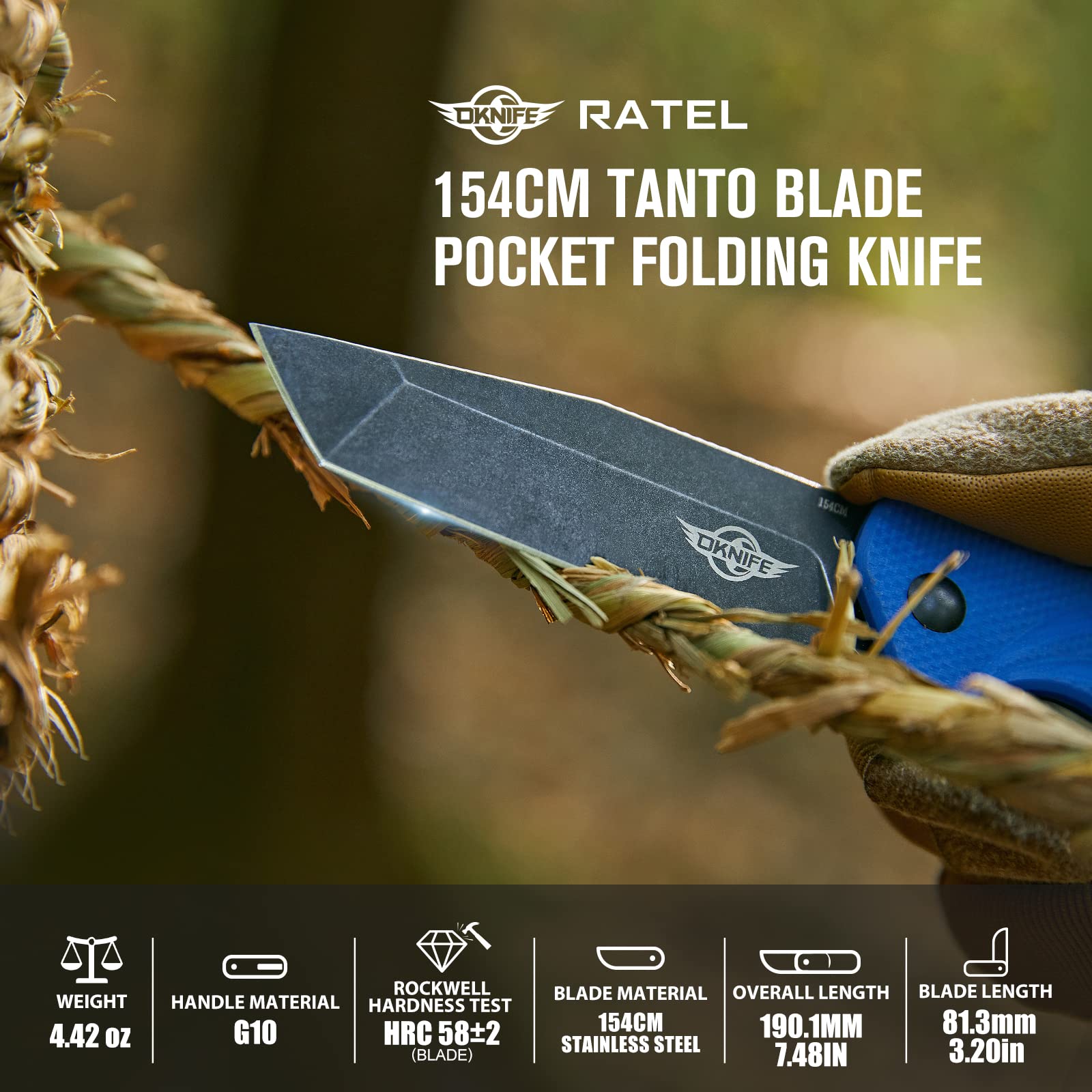 OKNIFE Ratel Folding Pocket Knife, EDC Knife with 154CM Stainless Steel 3.2" Tanto Blade and G10 Handle, Flipper Tab and Liner Lock, Carry Pocket Clip, for Outdoor, Camping, Survival