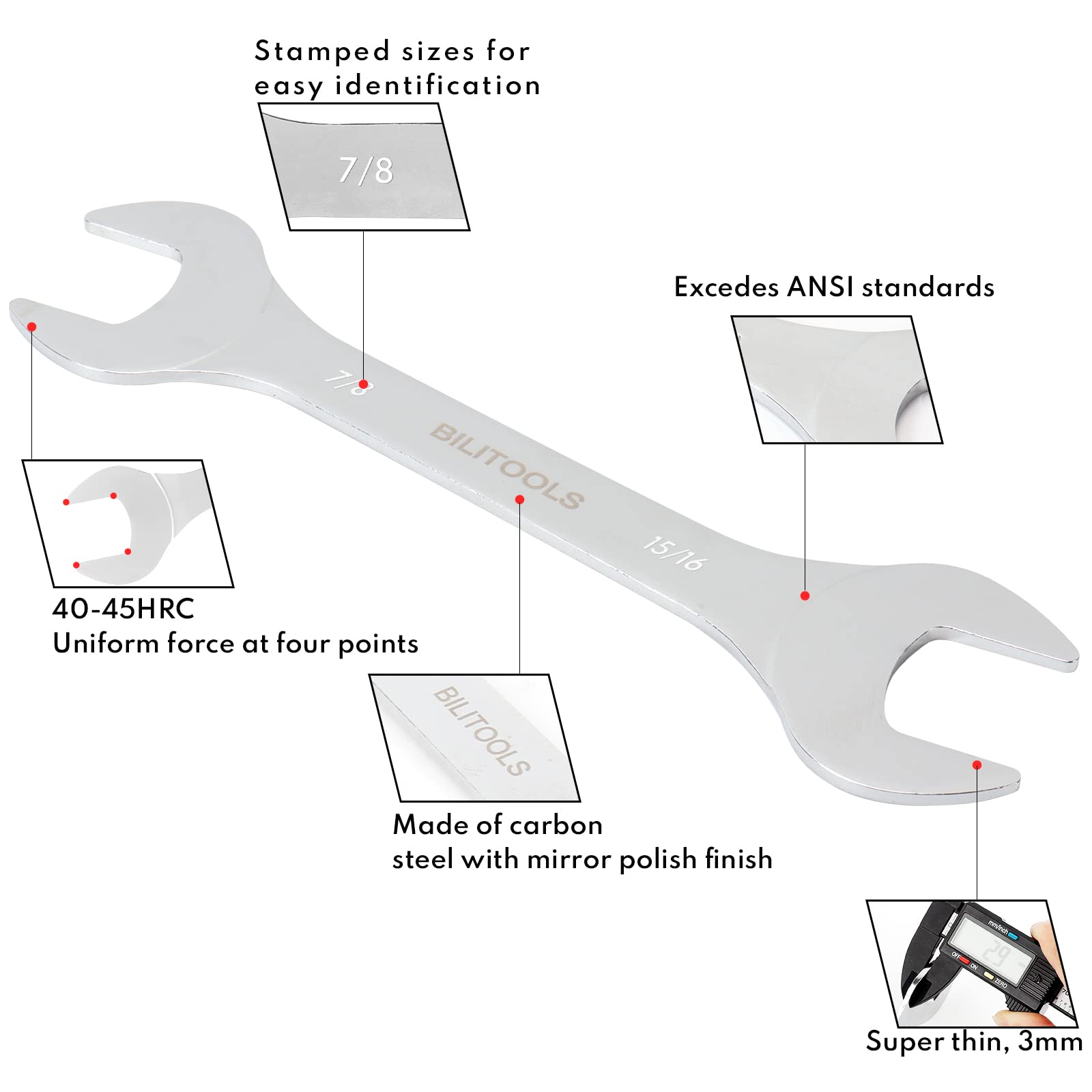 BILITOOLS Super Thin Open End Wrench Set, 9 Piece Metric 5.5 to 27 MM, CR-V Steel, HRC 40-45