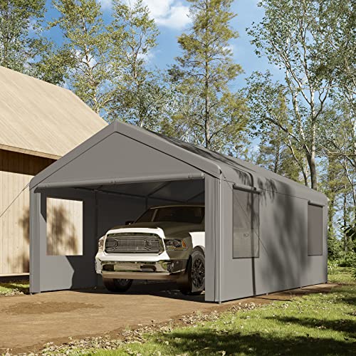 Gardesol Carport, 12'x20' Extra Large Heavy Duty Carport with Roll-up Ventilated Windows, Portable Garage with Removable Sidewalls & Doors for Car, Truck, SUV, Car Canopy with All-Season Tarp, Gray