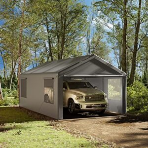 Gardesol Carport, 12'x20' Extra Large Heavy Duty Carport with Roll-up Ventilated Windows, Portable Garage with Removable Sidewalls & Doors for Car, Truck, SUV, Car Canopy with All-Season Tarp, Gray