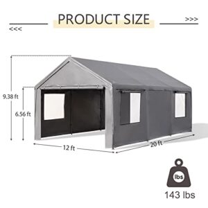 Gardesol Carport, 12'x20' Extra Large Heavy Duty Carport with Roll-up Ventilated Windows, Portable Garage with Removable Sidewalls & Doors for Car, Truck, SUV, Car Canopy with All-Season Tarp, Gray