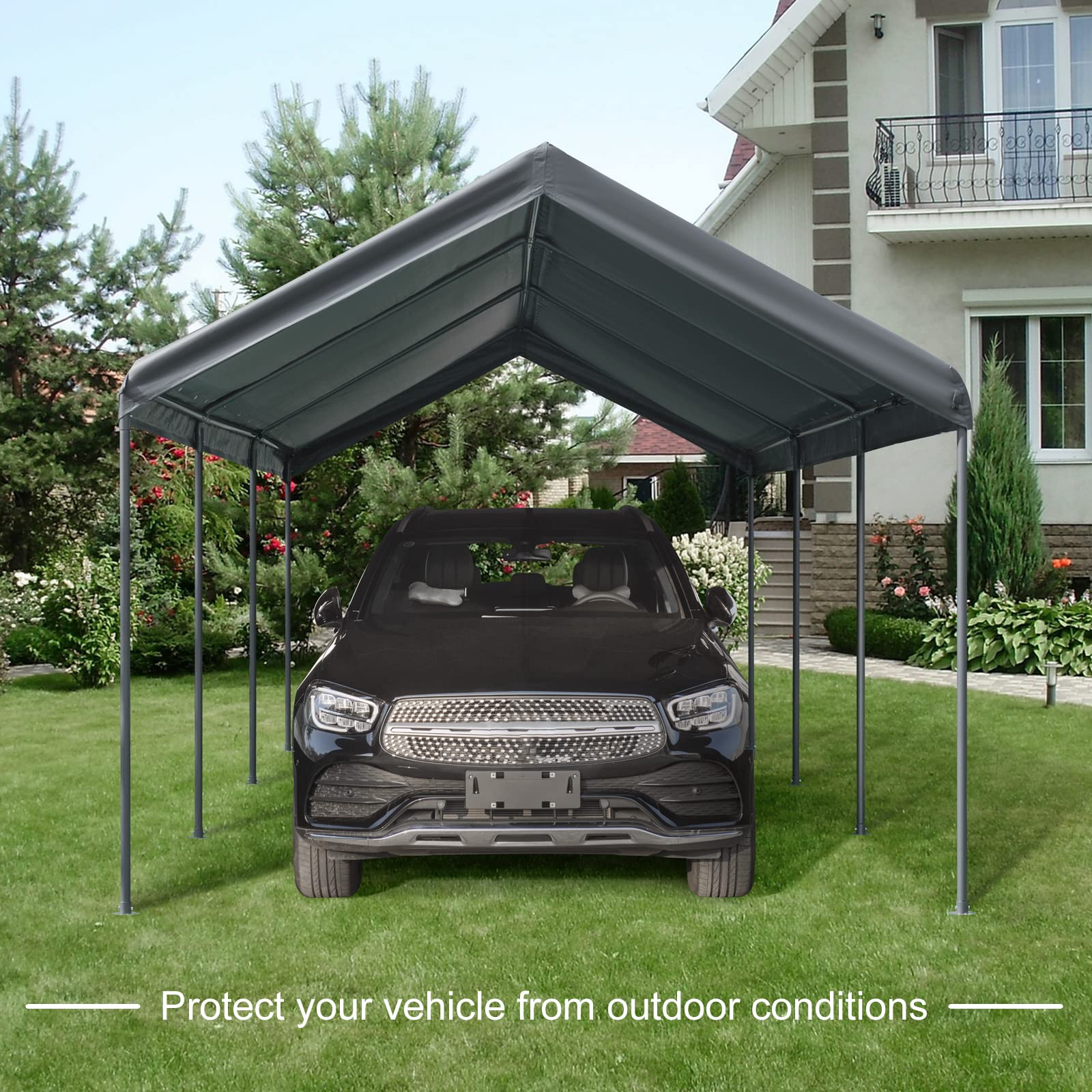 Gardesol Carport, 10’ X 20’ Heavy Duty Car Canopy with Powder-Coated Steel Frame, Easy to Assemble Portable Garage for Car, Boat, Party Tent with 180g PE Tarp for Wedding, Garden, 8 Legs, Gray