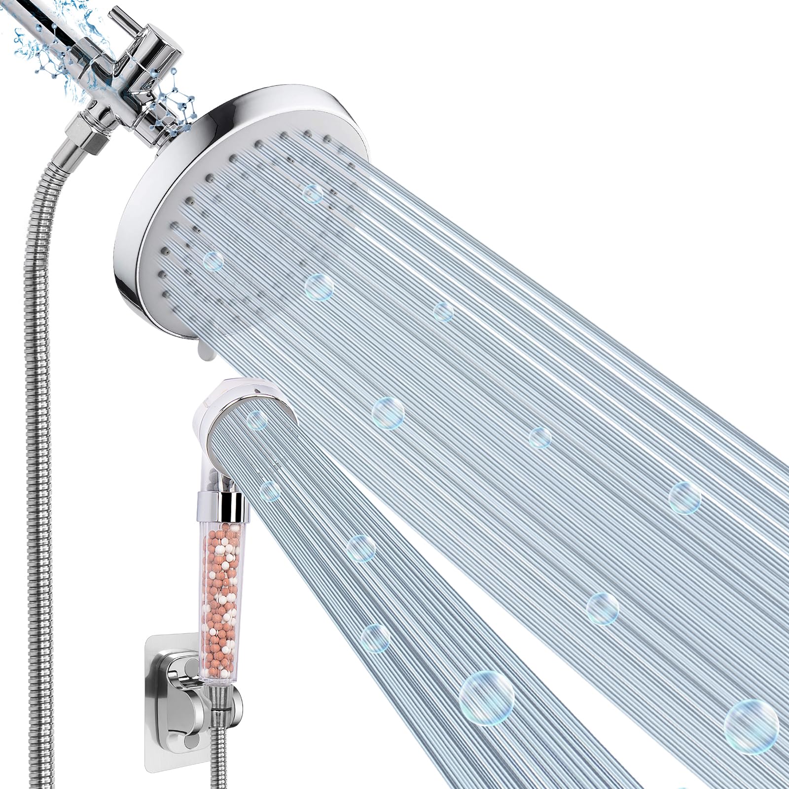 High Pressure 5 Setting Rain Shower Head Combo, 5 Setting Shower Head, Dual Shower Head Set, Handheld Filter Shower Head for Hard Water, Chrome (With Filter Handheld)