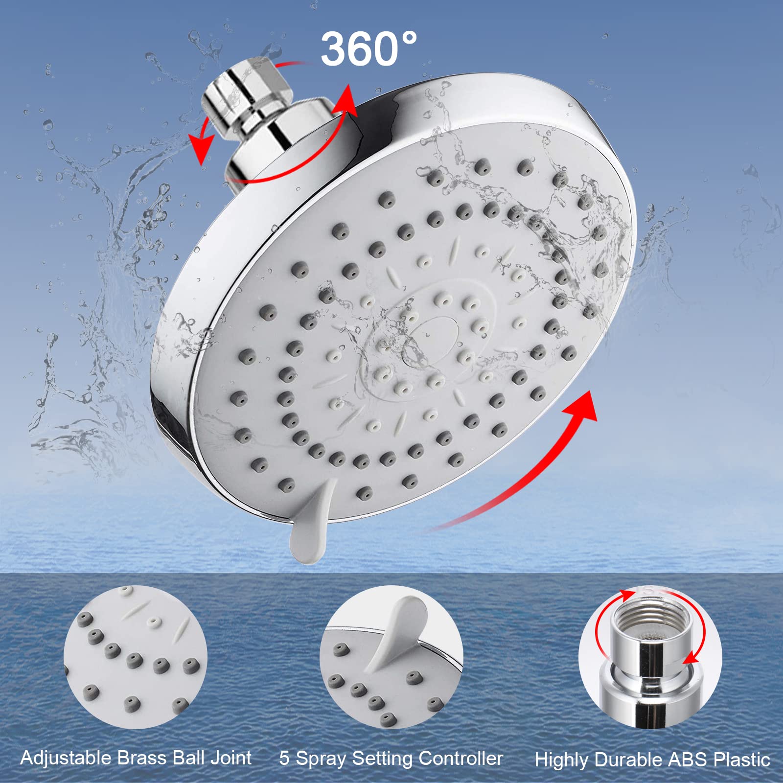 High Pressure 5 Setting Rain Shower Head Combo, 5 Setting Shower Head, Dual Shower Head Set, Handheld Filter Shower Head for Hard Water, Chrome (With Filter Handheld)