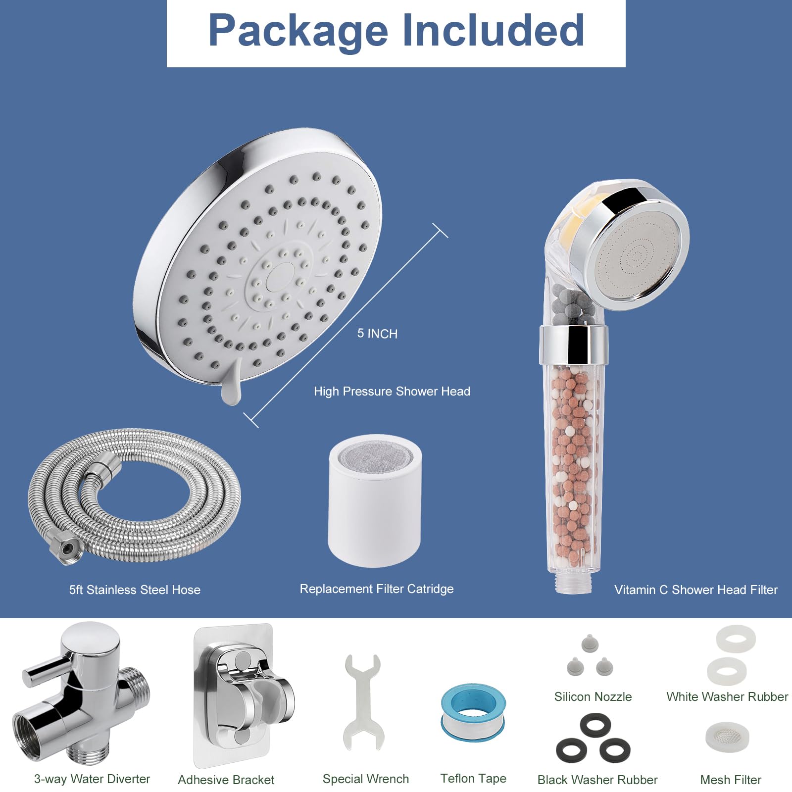 High Pressure 5 Setting Rain Shower Head Combo, 5 Setting Shower Head, Dual Shower Head Set, Handheld Filter Shower Head for Hard Water, Chrome (With Filter Handheld)