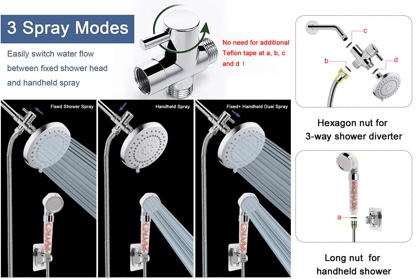 High Pressure 5 Setting Rain Shower Head Combo, 5 Setting Shower Head, Dual Shower Head Set, Handheld Filter Shower Head for Hard Water, Chrome (With Filter Handheld)