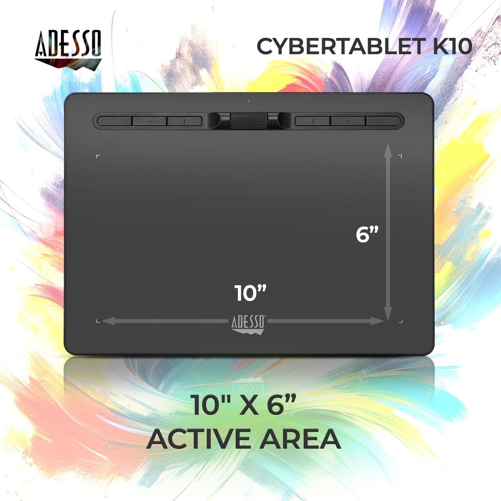 Adesso Large Graphics Drawing Tablet Pad 10 x 6 Inch 8192 Levels Battery-Free Pen, 6 Customizable Keys with Scroll Wheels, Compatible with PC/Mac/Android OS for Painting, Design & Online Teaching