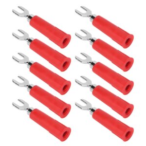 jopwkuin u type banana plug adapter, 10 pcs 4mm banana jack female to fork spades cable, plating 30v?60v fork spade wire connectors copper pvc for multimeter(red)