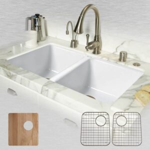 ceco sinks-doheny 748-um double bowl undermount no hole cast iron kitchen sink 33" x 19.5" x 9", white with accessories