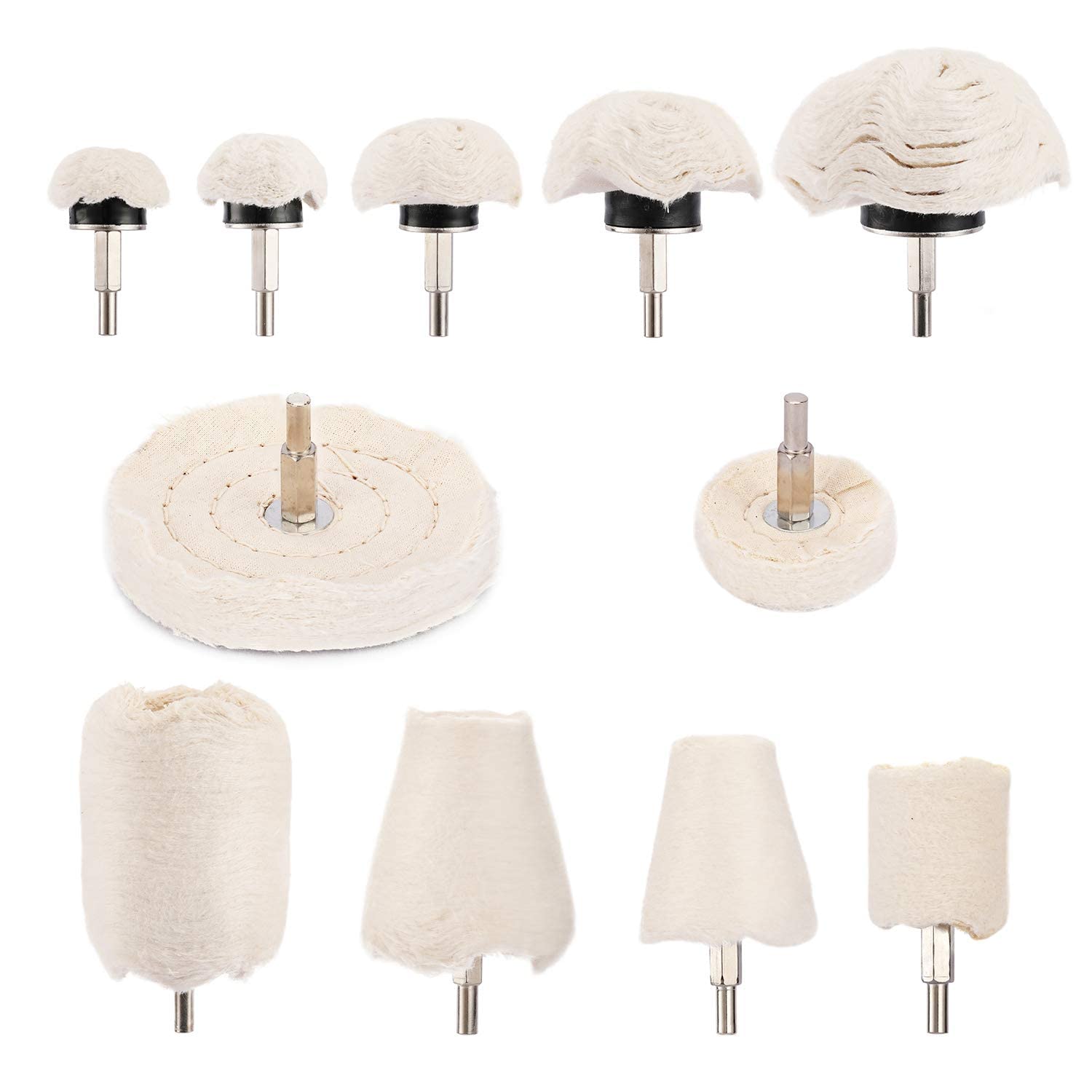 11 Pcs Buffing Wheel Set for Drill, Polishing Tool Kit, 1/4” Hex Shaft Cotton Grinding Head for Rotary Tools