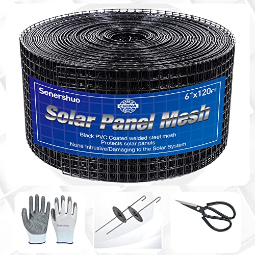 Senershuo 6in X 120ft  Solar Panels Mesh for Bird.Solar Panels Bird proofing,Pest Barrie .60 Fastener Clips,Black PVC Coated Steel Solar Panel Fencing