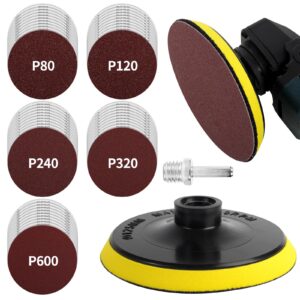 pomsare 5 inch hook and loop backing pad with 50pcs sanding discs, angle grinder attachments with 5/8-11 threads, sanding pad for wood sanding buffing polishing(80/120/240/320/600 grit)