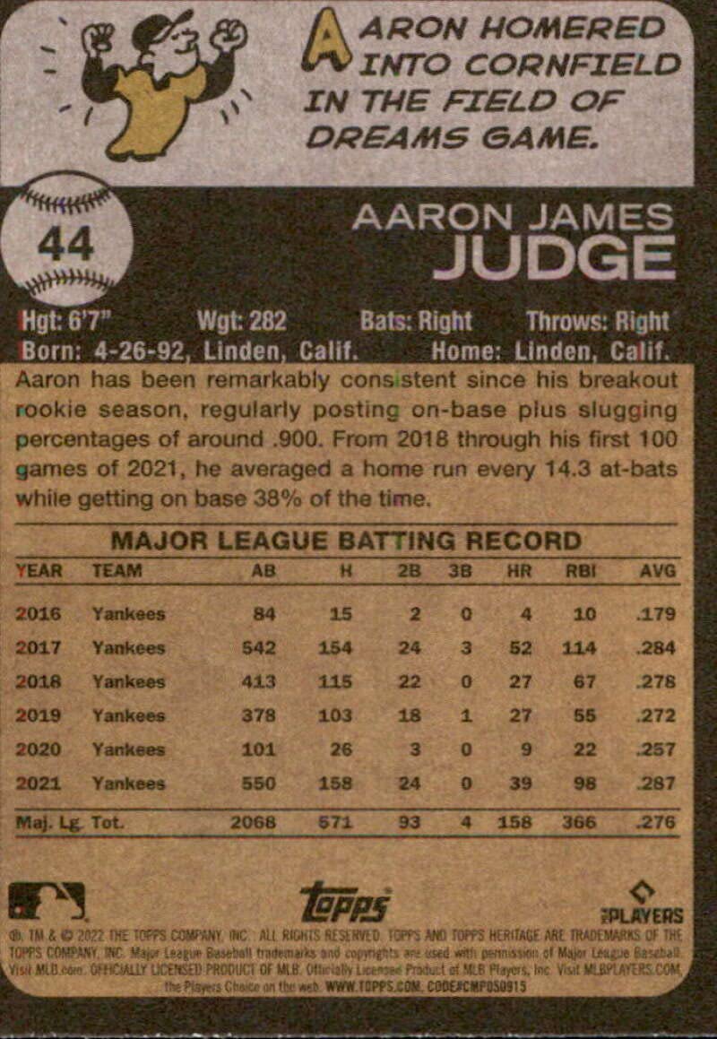 2022 Topps Heritage #44 Aaron Judge New York Yankees Official MLB Baseball Card in Raw (NM or Better) Condition