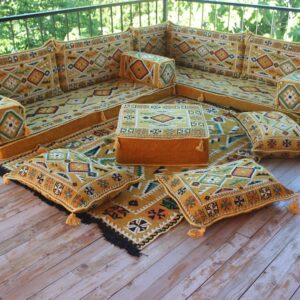 Yellow L Shaped Corner Floor Couch, Interior Design, Outdoor Patio Furniture, Floor Cushions, Bench Cushions, Floor Pillows, Arabic Majlis (L Sofa Full Set)