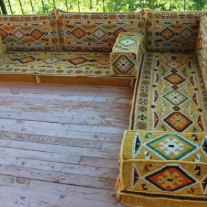 Yellow L Shaped Corner Floor Couch, Interior Design, Outdoor Patio Furniture, Floor Cushions, Bench Cushions, Floor Pillows, Arabic Majlis (L Sofa Full Set)