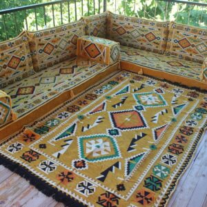 Yellow L Shaped Corner Floor Couch, Interior Design, Outdoor Patio Furniture, Floor Cushions, Bench Cushions, Floor Pillows, Arabic Majlis (L Sofa Full Set)