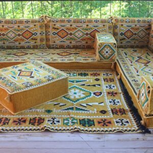 Yellow L Shaped Corner Floor Couch, Interior Design, Outdoor Patio Furniture, Floor Cushions, Bench Cushions, Floor Pillows, Arabic Majlis (L Sofa Full Set)