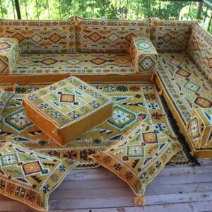 Yellow L Shaped Corner Floor Couch, Interior Design, Outdoor Patio Furniture, Floor Cushions, Bench Cushions, Floor Pillows, Arabic Majlis (L Sofa Full Set)