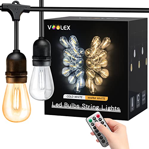 Voolex Outdoor String Lights, 2 Color Changing 52FT S14 Patio Lights Weatherproof, 15PCS Connectable Edison Bulbs, 11 Control Modes Hanging Lights