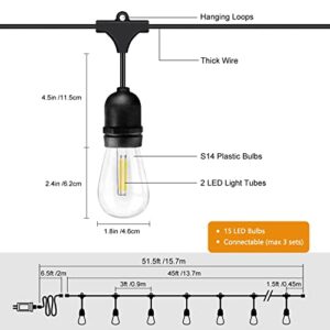 Voolex Outdoor String Lights, 2 Color Changing 52FT S14 Patio Lights Weatherproof, 15PCS Connectable Edison Bulbs, 11 Control Modes Hanging Lights