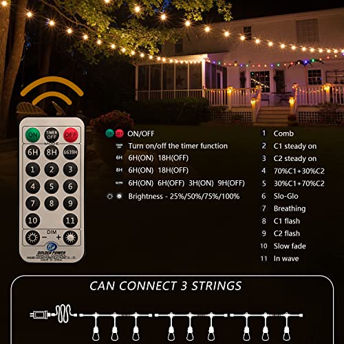 Voolex Outdoor String Lights, 2 Color Changing 52FT S14 Patio Lights Weatherproof, 15PCS Connectable Edison Bulbs, 11 Control Modes Hanging Lights