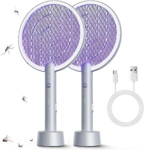 electric fly swatter racket 2 pack, mosiller 2 in 1 bug zapper with usb rechargeable base, 4000 volt indoor outdoor mosquito killer with 3-layer safety mesh for pest insect control & flying trap