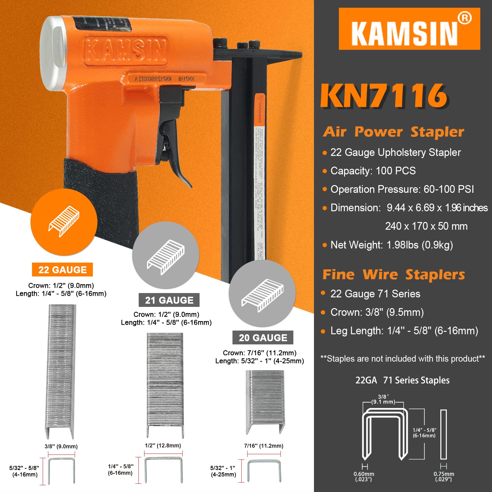 Kamsin KN7116 Pneumatic Upholstery Stapler for 70 Series Stapler, 3/8-Inch Leg Length Staples for 70 Series Stapler, Air Power Upholstery Staple Gun Fine Wire Stapler,Renovation, Furniture