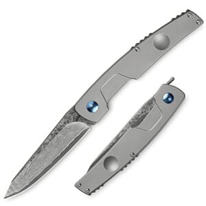 miki camping pocket folding japanese knife, titanium handle, frame lock, handmade damascus steel blade, leather sheath