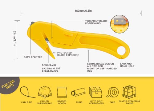 Safety Package Opener with Blades, T TOVIA SK2 Stainless Steel Concealed Blade Box Cutter with Tape Splitter (10 Pieces - Yellow)