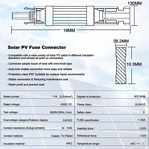 Leehitech 15A Solar Fuse Holder Inline with Male and Female Connector for Solar Panel and Solar Controller, Waterproof Solar Fuse Connector, Solar Surge Protection Device 5pcs