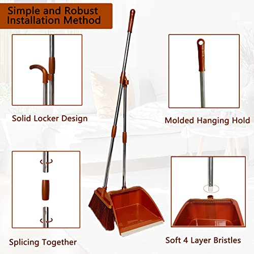 Broom and Dustpan Set for Home, Standing Dustpan with Teeth Broom with 49" Long Handle, Broom and Dustpan Combo for Office Home Kitchen Lobby Floor Cleaning Indoor Outdoor Use Broom and Dustpan