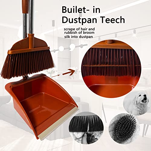 Broom and Dustpan Set for Home, Standing Dustpan with Teeth Broom with 49" Long Handle, Broom and Dustpan Combo for Office Home Kitchen Lobby Floor Cleaning Indoor Outdoor Use Broom and Dustpan