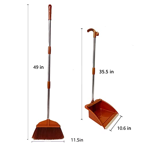 Broom and Dustpan Set for Home, Standing Dustpan with Teeth Broom with 49" Long Handle, Broom and Dustpan Combo for Office Home Kitchen Lobby Floor Cleaning Indoor Outdoor Use Broom and Dustpan