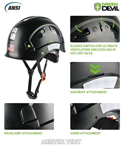 GREEN DEVIL Safety Helmet Hard Hat Adjustable Lightweight Vented ABS Work Helmet for Men and Women 6-Point Suspension ANSI Z89.1 Approved Ideal for Industrial & Construction