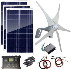 auecoor 700w hybrid system solar panels wind generator : 400w 12v wind turbine generator + 3 x 100w polycrystalline solar panel+ accessories home cabin rv off grid system charging 12v battery