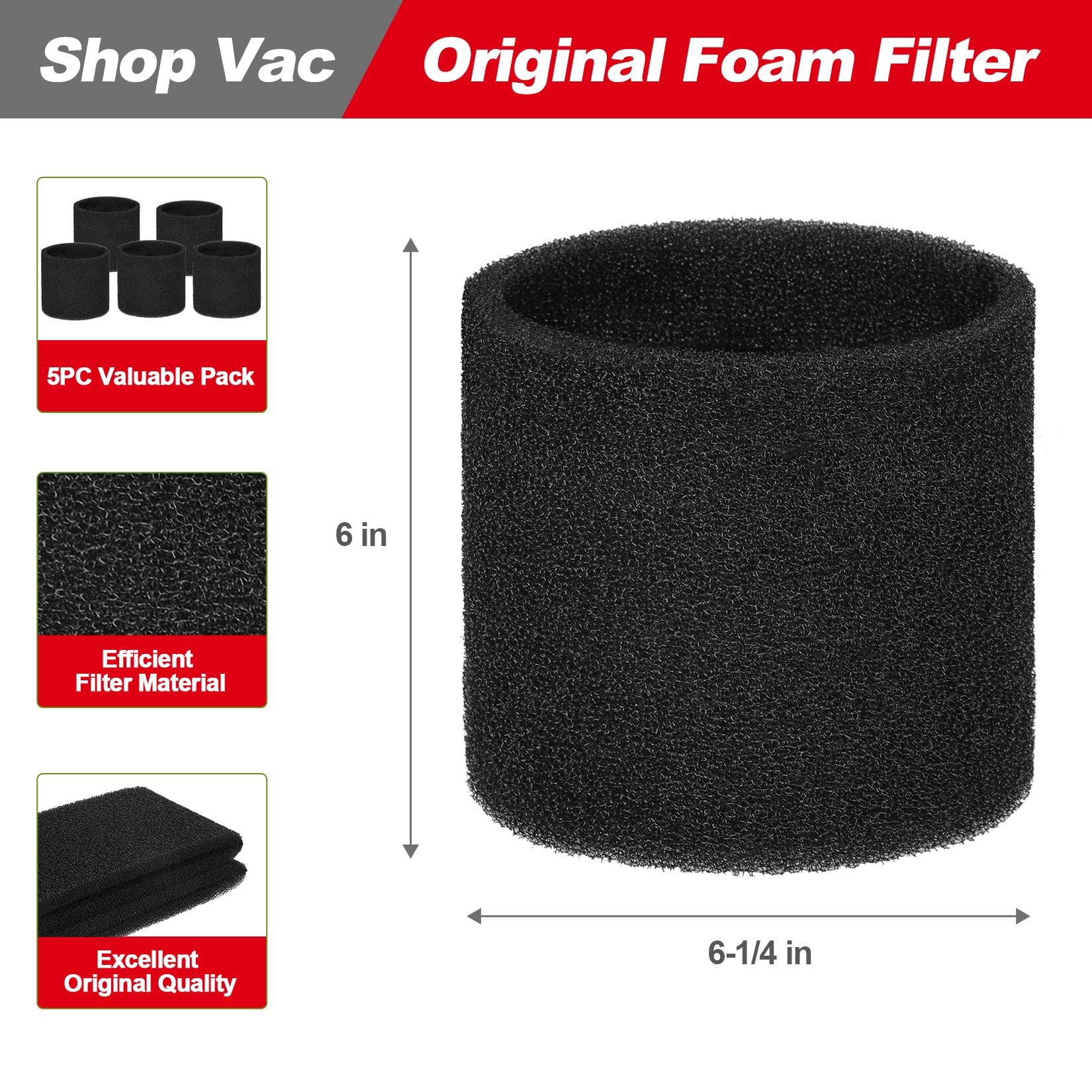 Shop-Vac 5895100 1.5 Gallon 2.0 Peak HP Wet/Dry Vacuum + 90585 Foam Sleeve Filter 5 Pack