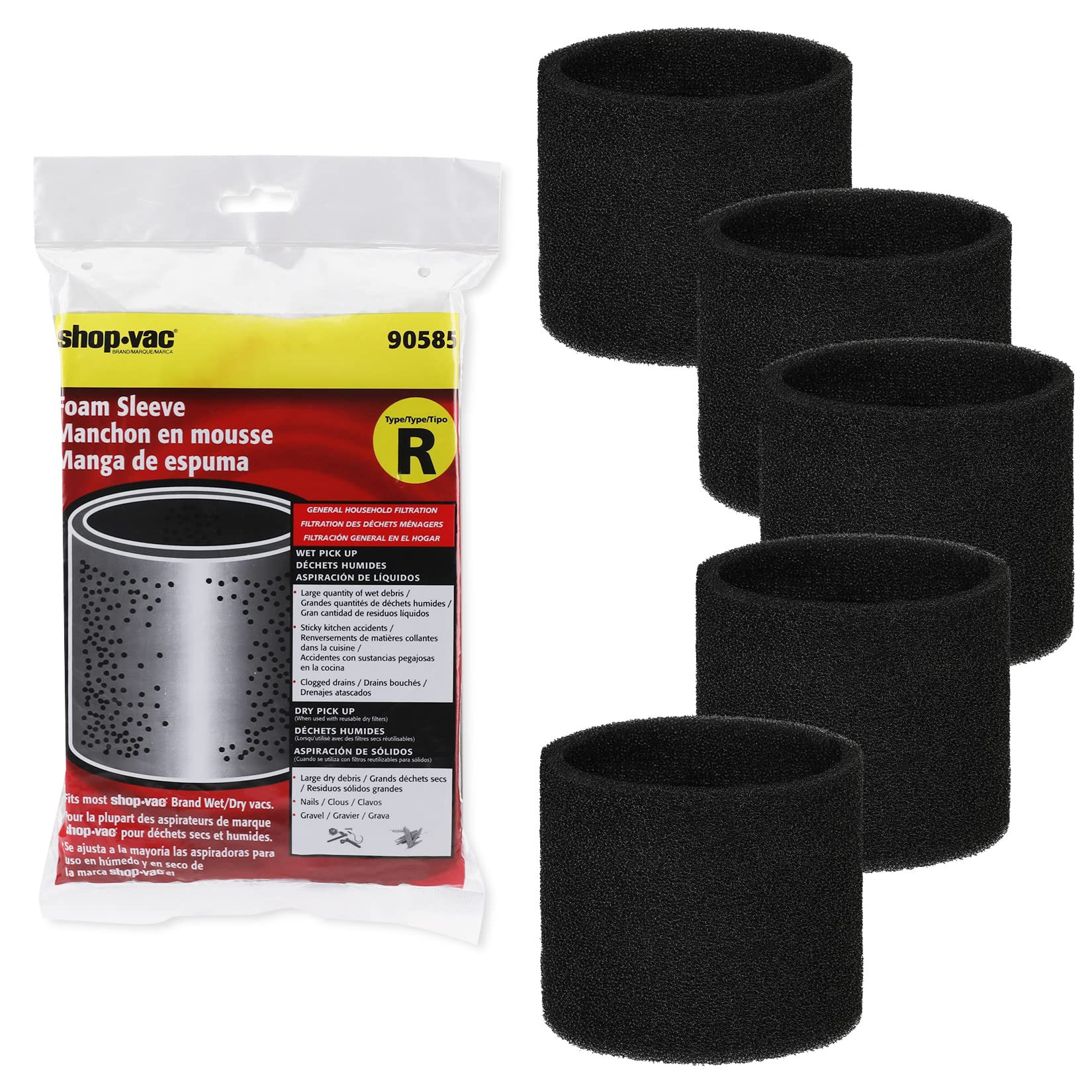 Shop-Vac 5895100 1.5 Gallon 2.0 Peak HP Wet/Dry Vacuum + 90585 Foam Sleeve Filter 5 Pack