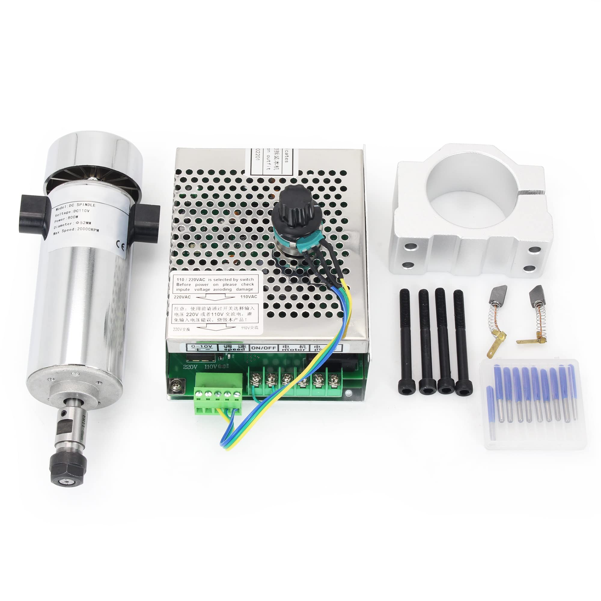 RATTMMOTOR 800W Spindle Motor Kit, 0.8KW 110V ER11 20000RPM 0.79NM Air Cooled DC Spindle Motor+Mach3 Fuction Motor Speed Controller Power Supply Converter AC110V/220V+52mm Mount Clamp for CNC Machine