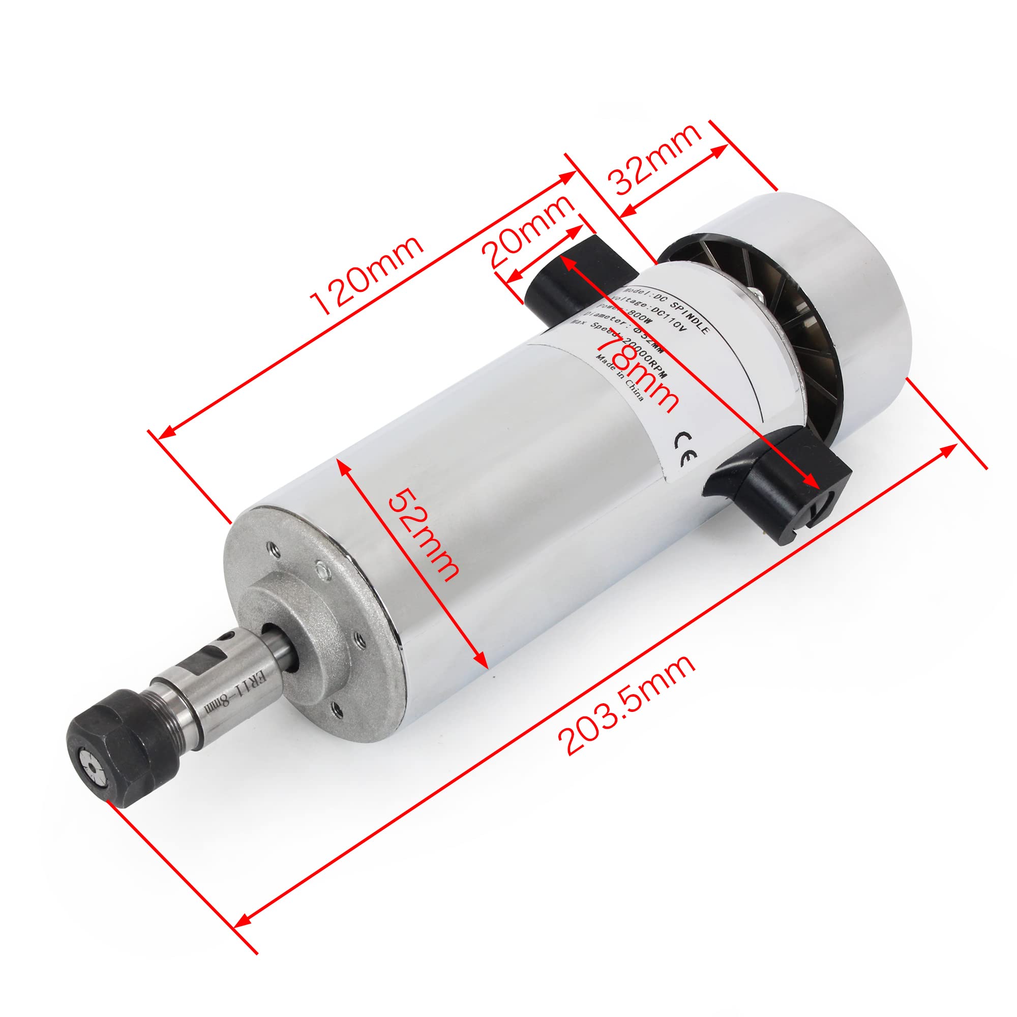 RATTMMOTOR 800W Spindle Motor Kit, 0.8KW 110V ER11 20000RPM 0.79NM Air Cooled DC Spindle Motor+Mach3 Fuction Motor Speed Controller Power Supply Converter AC110V/220V+52mm Mount Clamp for CNC Machine