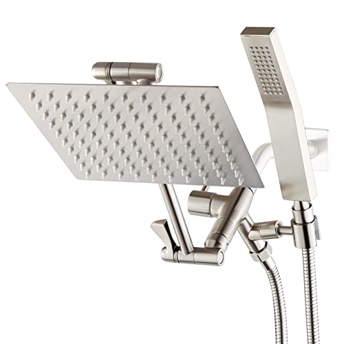 POP SANITARYWARE All Metal Shower Head with Handhled Brushed Nickel, Dual 8 Inch Shower Heads Combo with Adjustable Extension Arm, Smooth 3-Way Diverter, 59" Stainless Steel Hose