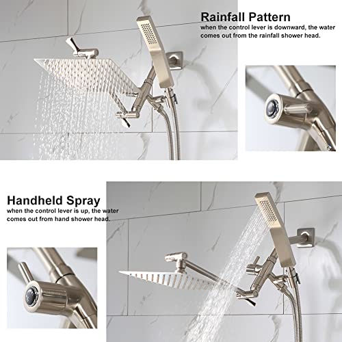 POP SANITARYWARE All Metal Shower Head with Handhled Brushed Nickel, Dual 8 Inch Shower Heads Combo with Adjustable Extension Arm, Smooth 3-Way Diverter, 59" Stainless Steel Hose