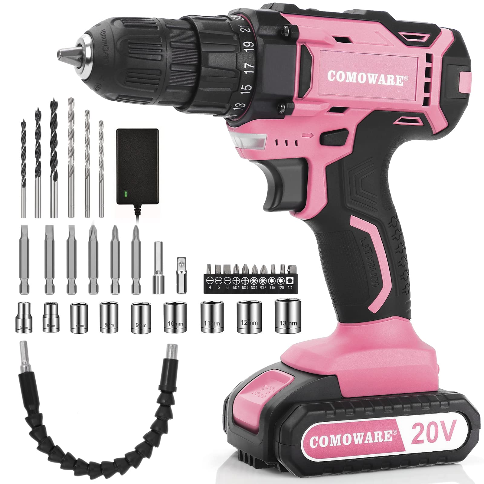 COMOWARE Pink Power Drill, 20V Pink Cordless Drill, Pink Drill Set for Women, 1 Battery & Charger, 3/8" Keyless Chuck, 2 Variable Speed, 0-350 & 0-1300 RPM, 25+1 Position and 34pcs Drill/Driver Bits