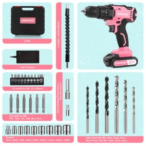 COMOWARE Pink Power Drill, 20V Pink Cordless Drill, Pink Drill Set for Women, 1 Battery & Charger, 3/8" Keyless Chuck, 2 Variable Speed, 0-350 & 0-1300 RPM, 25+1 Position and 34pcs Drill/Driver Bits