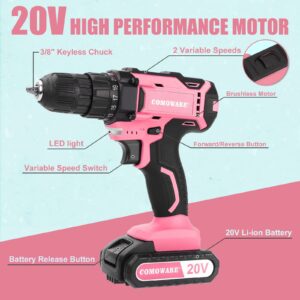 COMOWARE Pink Power Drill, 20V Pink Cordless Drill, Pink Drill Set for Women, 1 Battery & Charger, 3/8" Keyless Chuck, 2 Variable Speed, 0-350 & 0-1300 RPM, 25+1 Position and 34pcs Drill/Driver Bits