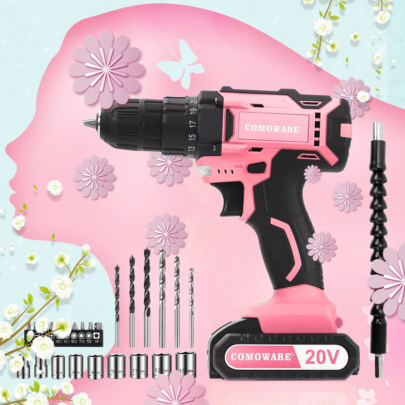 COMOWARE Pink Power Drill, 20V Pink Cordless Drill, Pink Drill Set for Women, 1 Battery & Charger, 3/8" Keyless Chuck, 2 Variable Speed, 0-350 & 0-1300 RPM, 25+1 Position and 34pcs Drill/Driver Bits